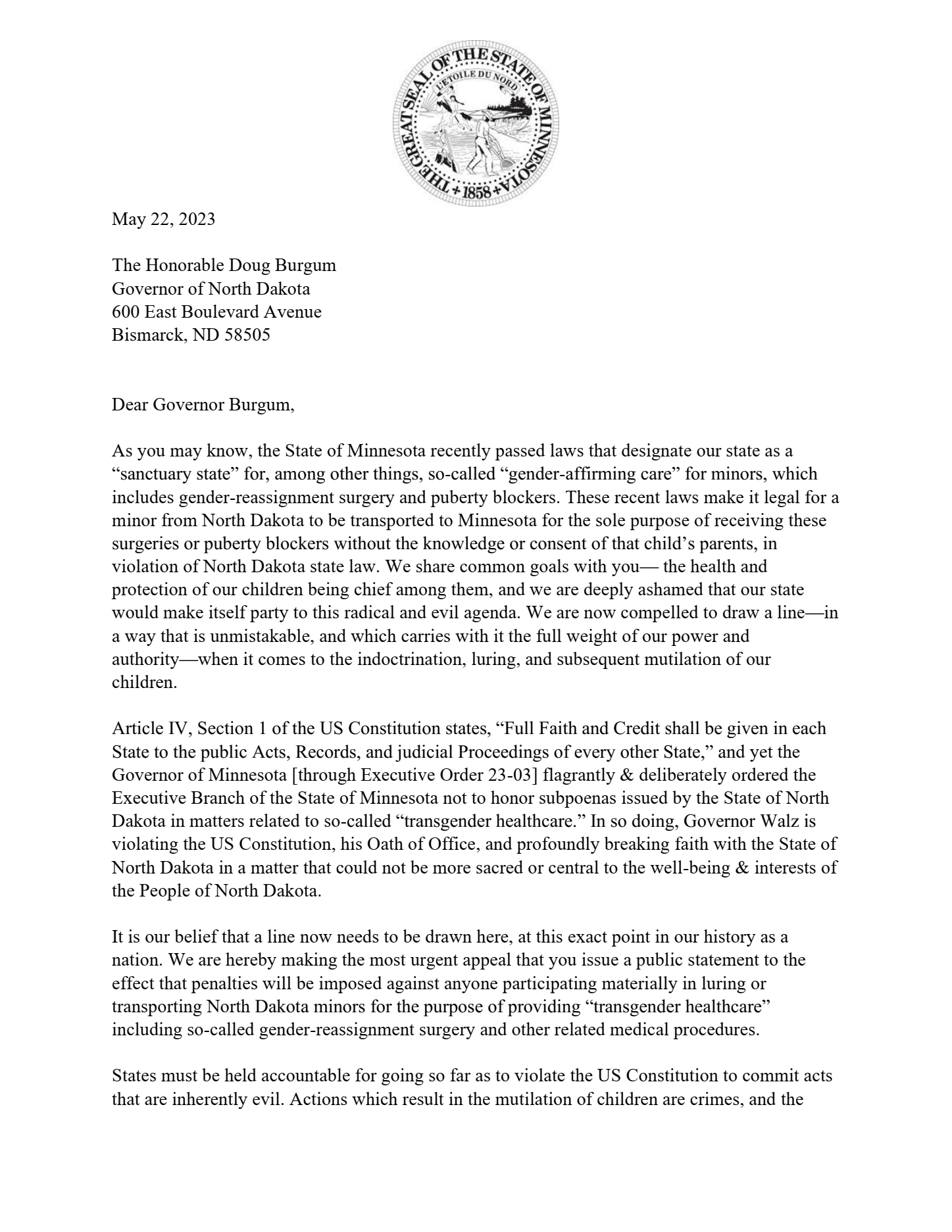 Sign Letter to Governor Doug Burgum - The Cornerstone Standard